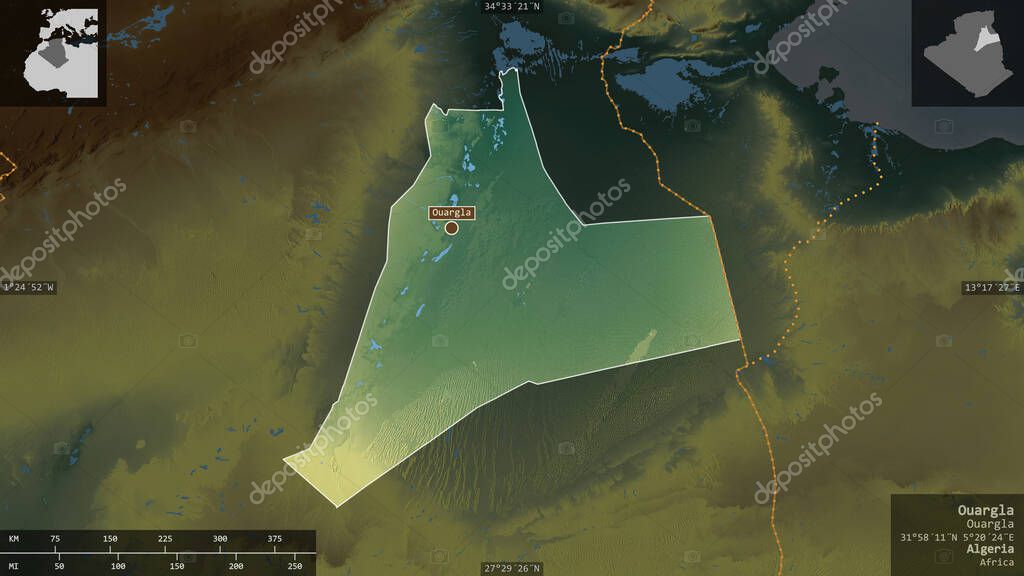 Ouargla, provincia de Argelia. Relieve de colores con lagos y ríos ...