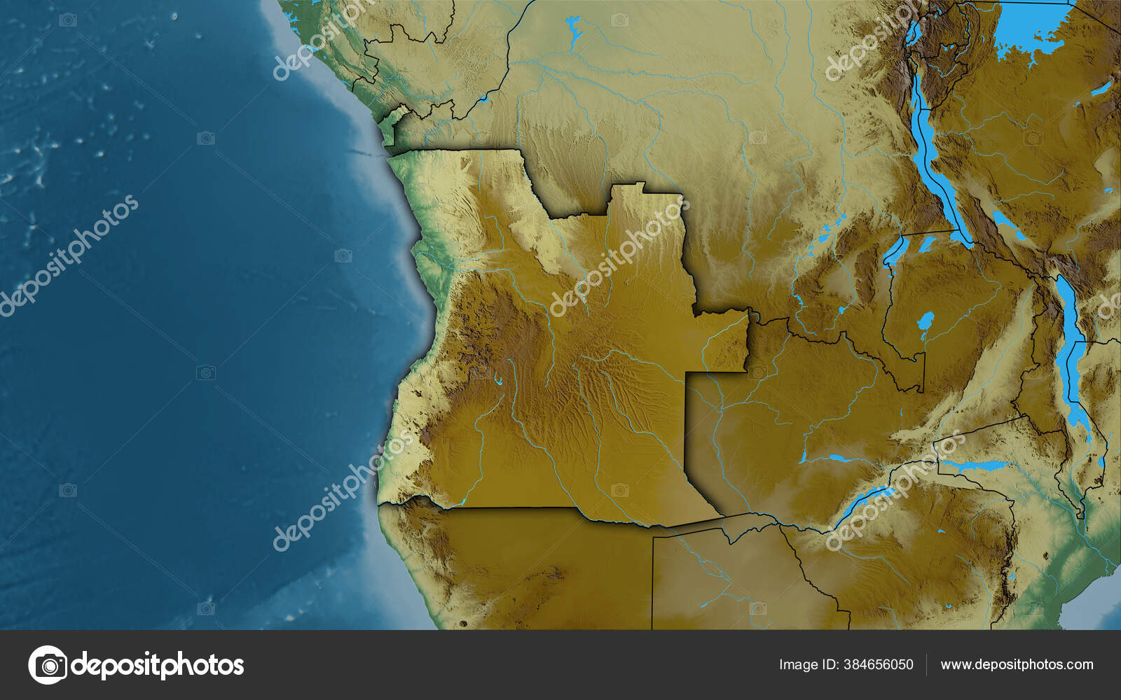 Angola Area Topographic Relief Map Stereographic Projection Raw ...