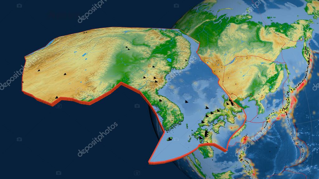 Placa tectónica de Amur extruida y presentada contra el globo. mapa físico a color. Renderizado ...