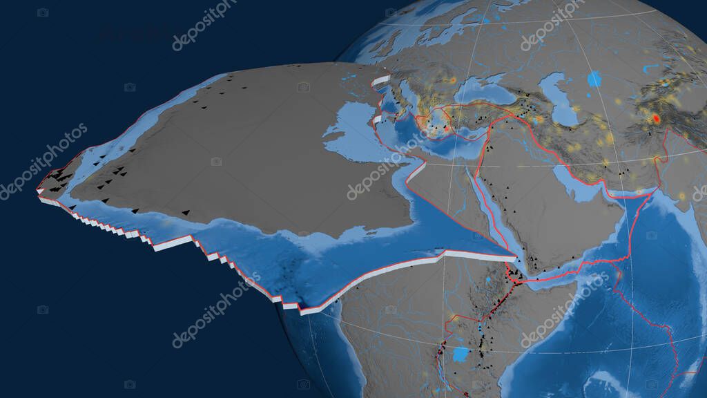 Placa tectónica árabe extruida y presentada contra el globo. topografía ...