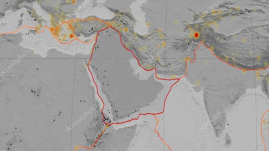 Placa tectónica árabe delineada en el mapa global de elevación a escala de grises en la ...