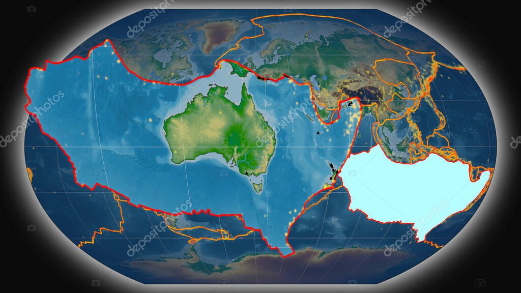 Placa tectónica australiana extruida y presentada contra el mapa físico ...