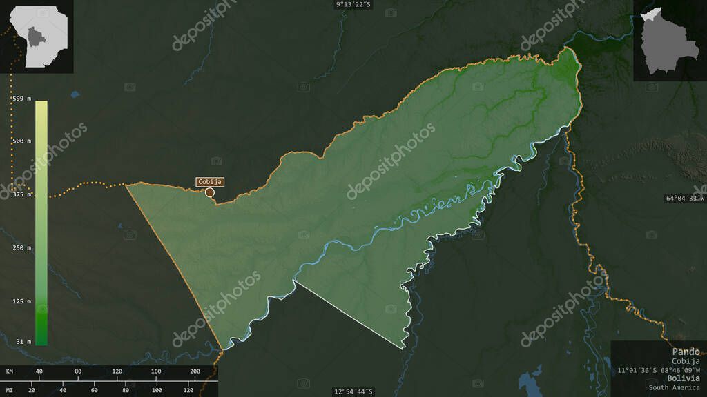 Pando, departamento de Bolivia. Datos de sombreado de colores con lagos ...