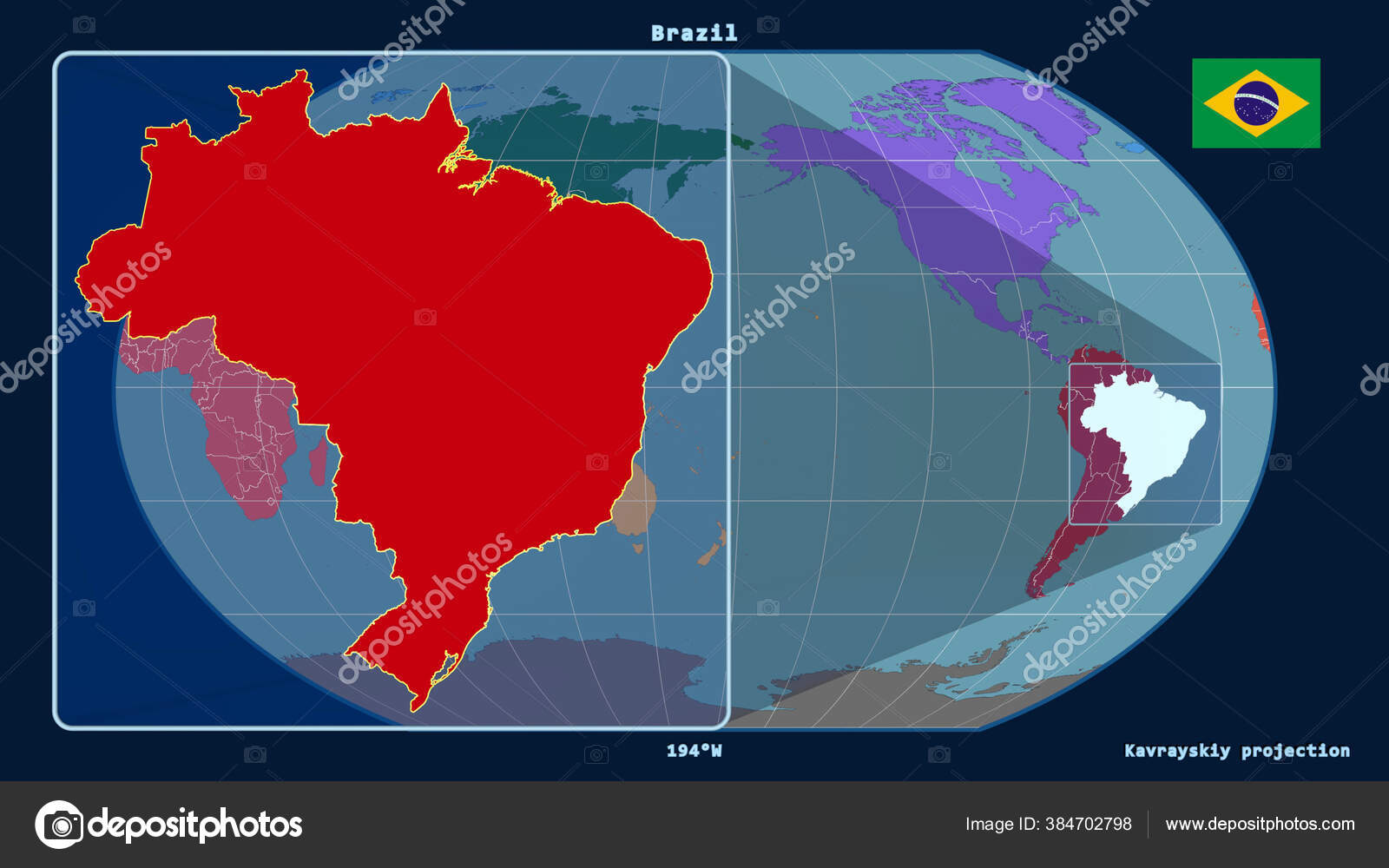 Zoomed View Brazil Outline Perspective Lines Global Map Kavrayskiy ...