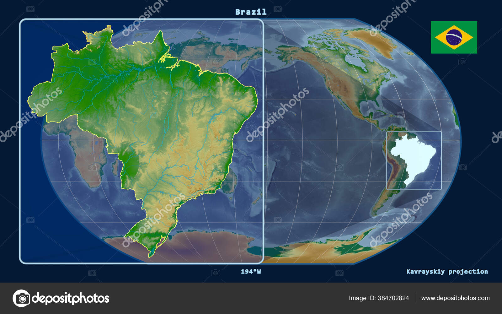 Zoomed View Brazil Outline Perspective Lines Global Map Kavrayskiy ...