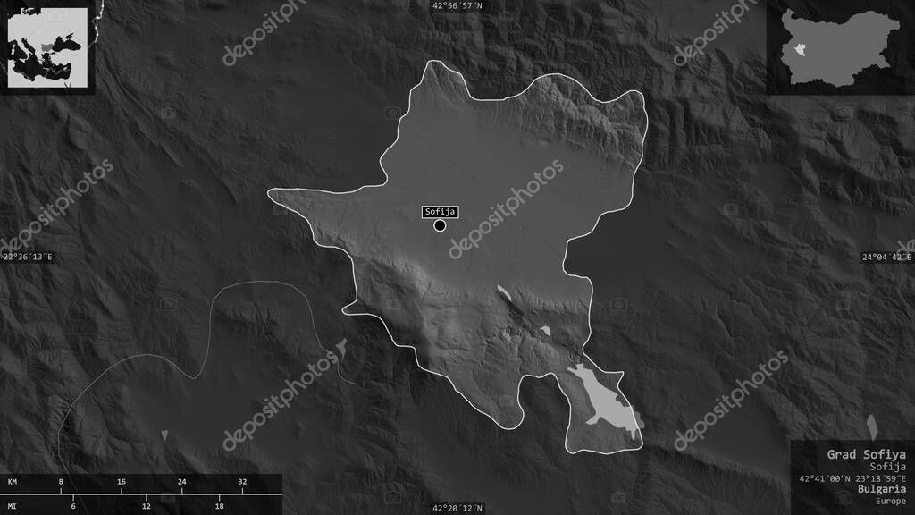 Grad Sofiya, provincia de Bulgaria. Mapa a escala de grises con lagos y ...