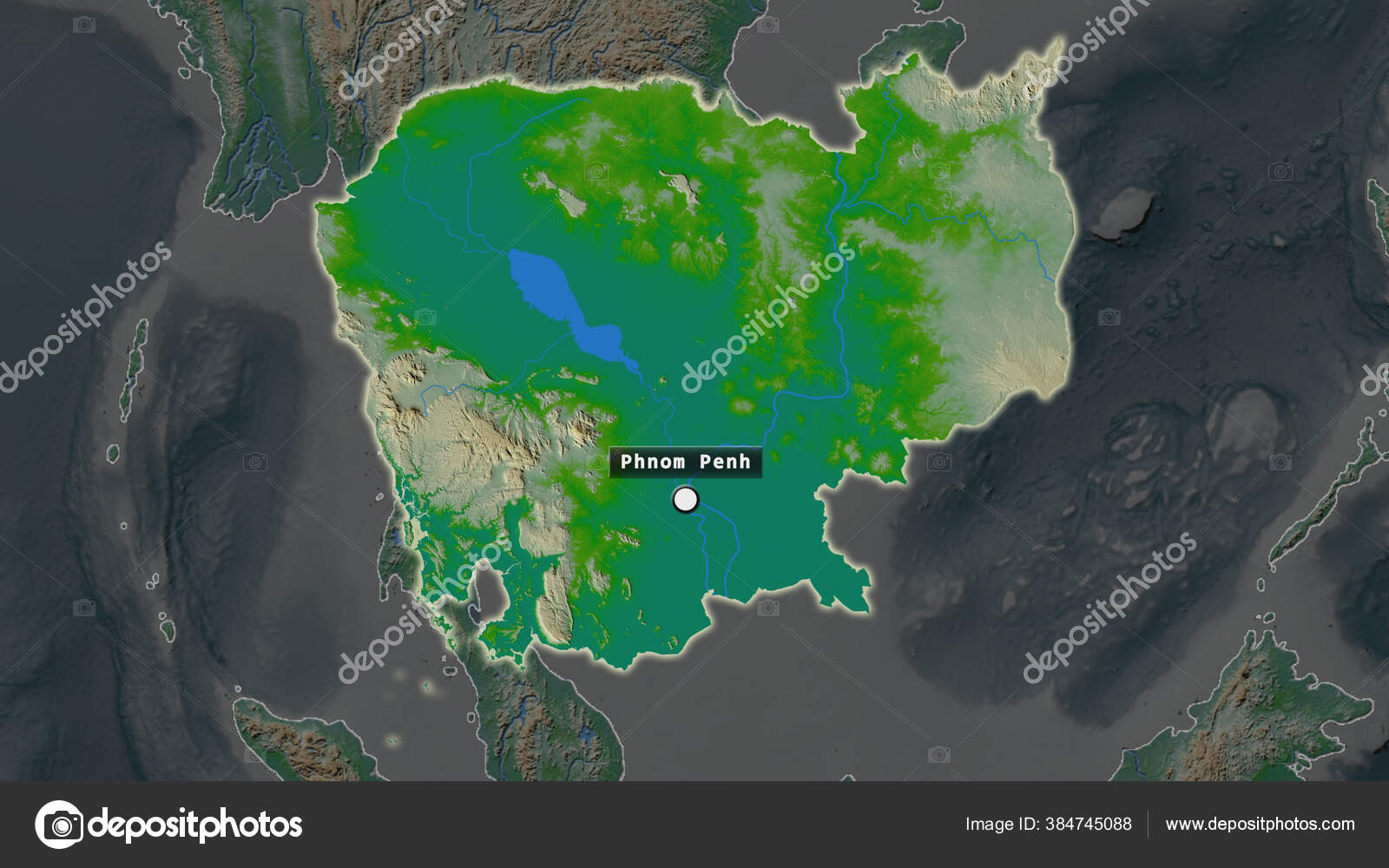 Área Destacada Camboya Con Punto Capital Etiqueta Mapa Desaturado ...
