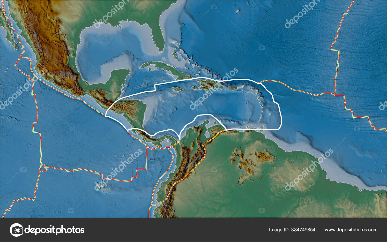 Outlined Caribbean Tectonic Plate Borders Adjacent Plates Relief Map ...