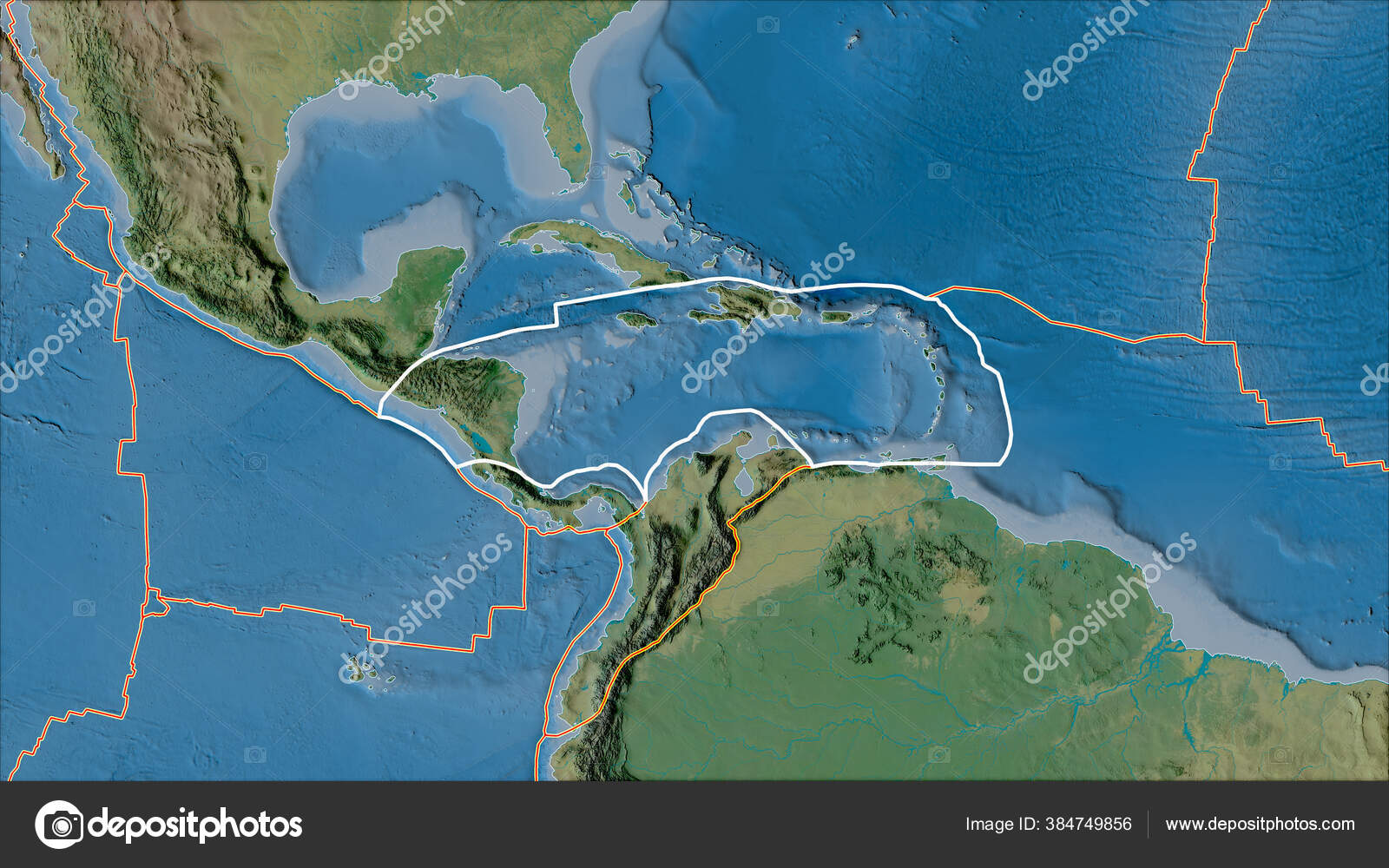 Outlined Caribbean Tectonic Plate Borders Adjacent Plates Topographic ...
