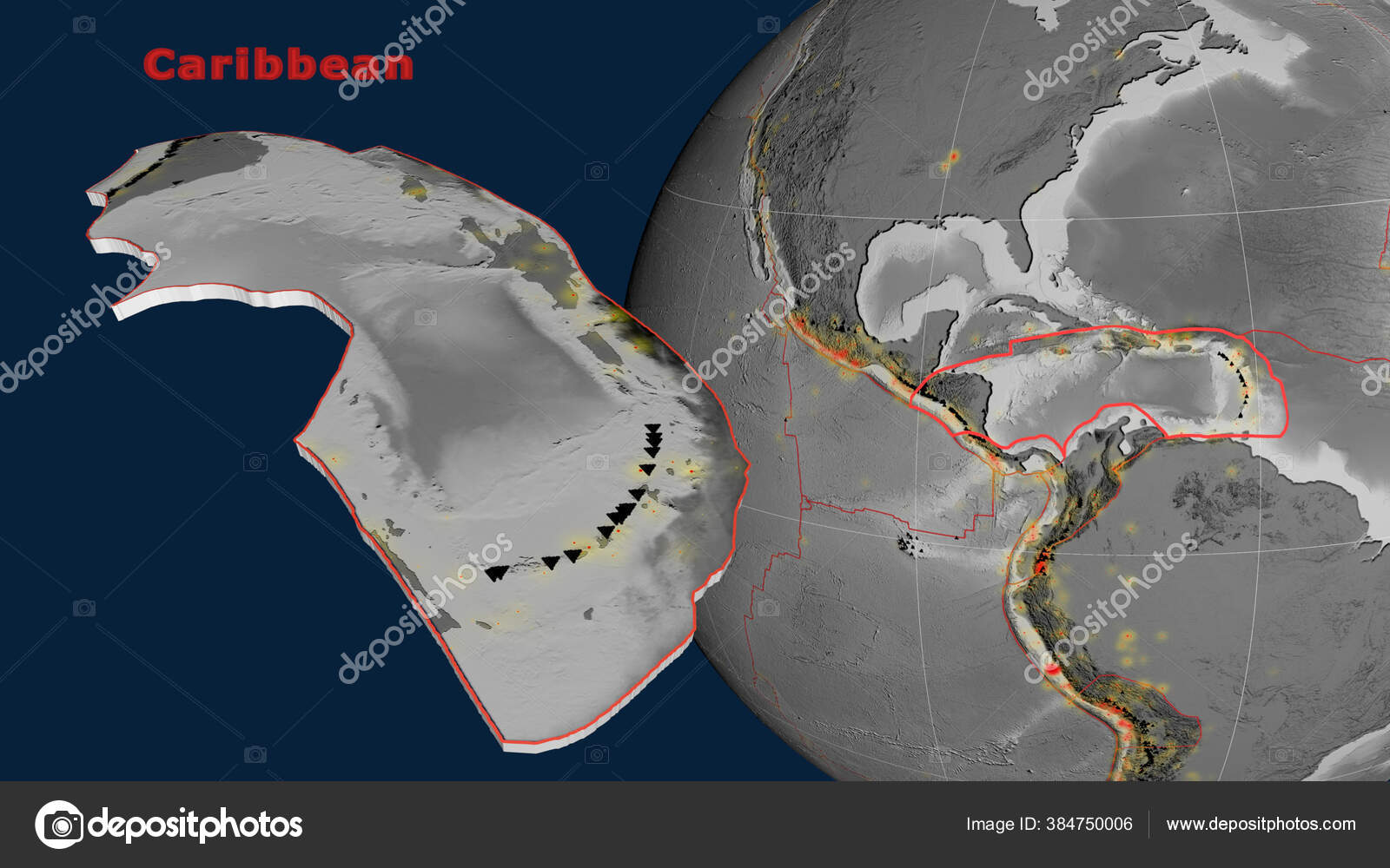 Caribbean Tectonic Plate Described Extruded Presented Globe Grayscale ...