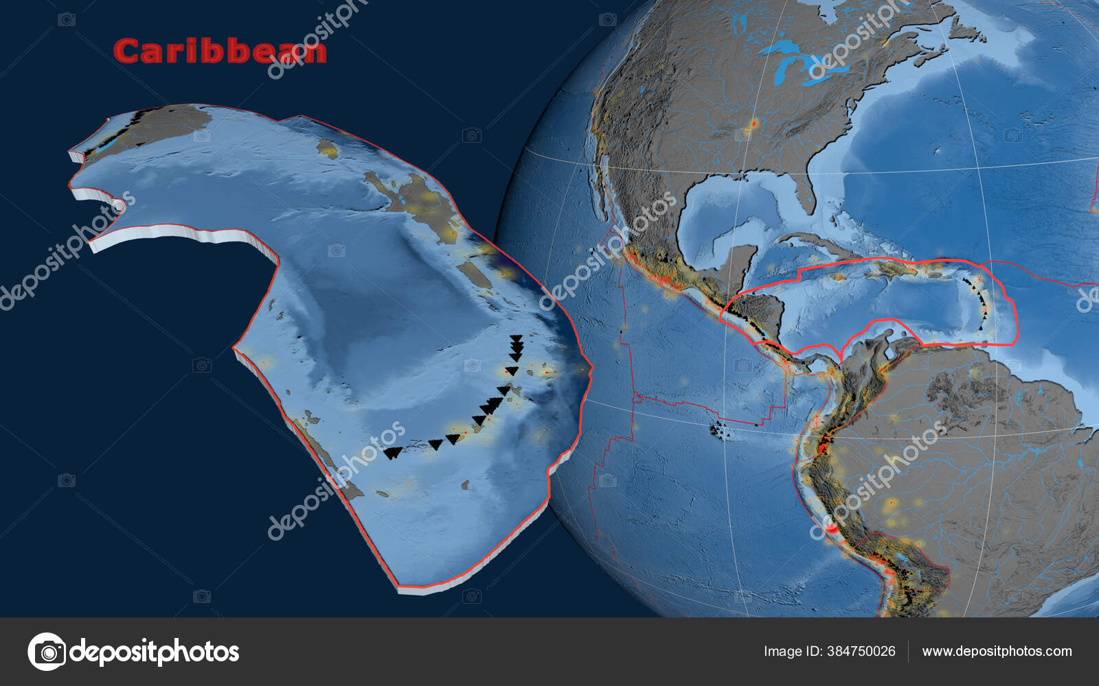 Caribbean Tectonic Plate Described Extruded Presented Globe Topography ...