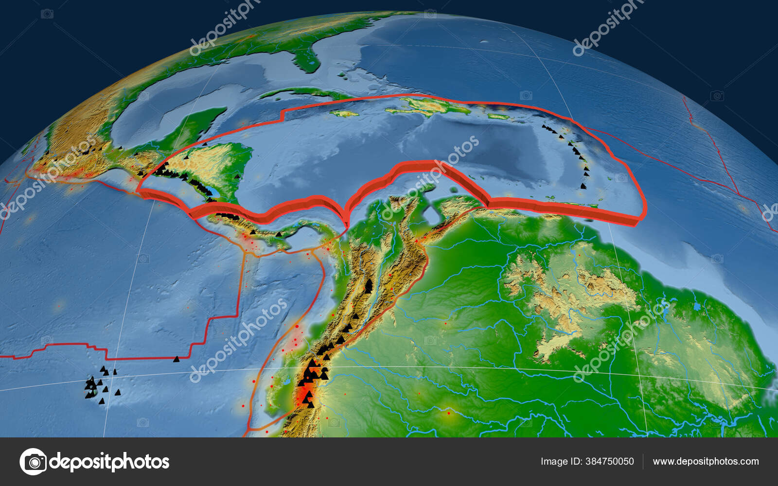 Caribbean Tectonic Plate Extruded Globe Color Physical Map Rendering ...