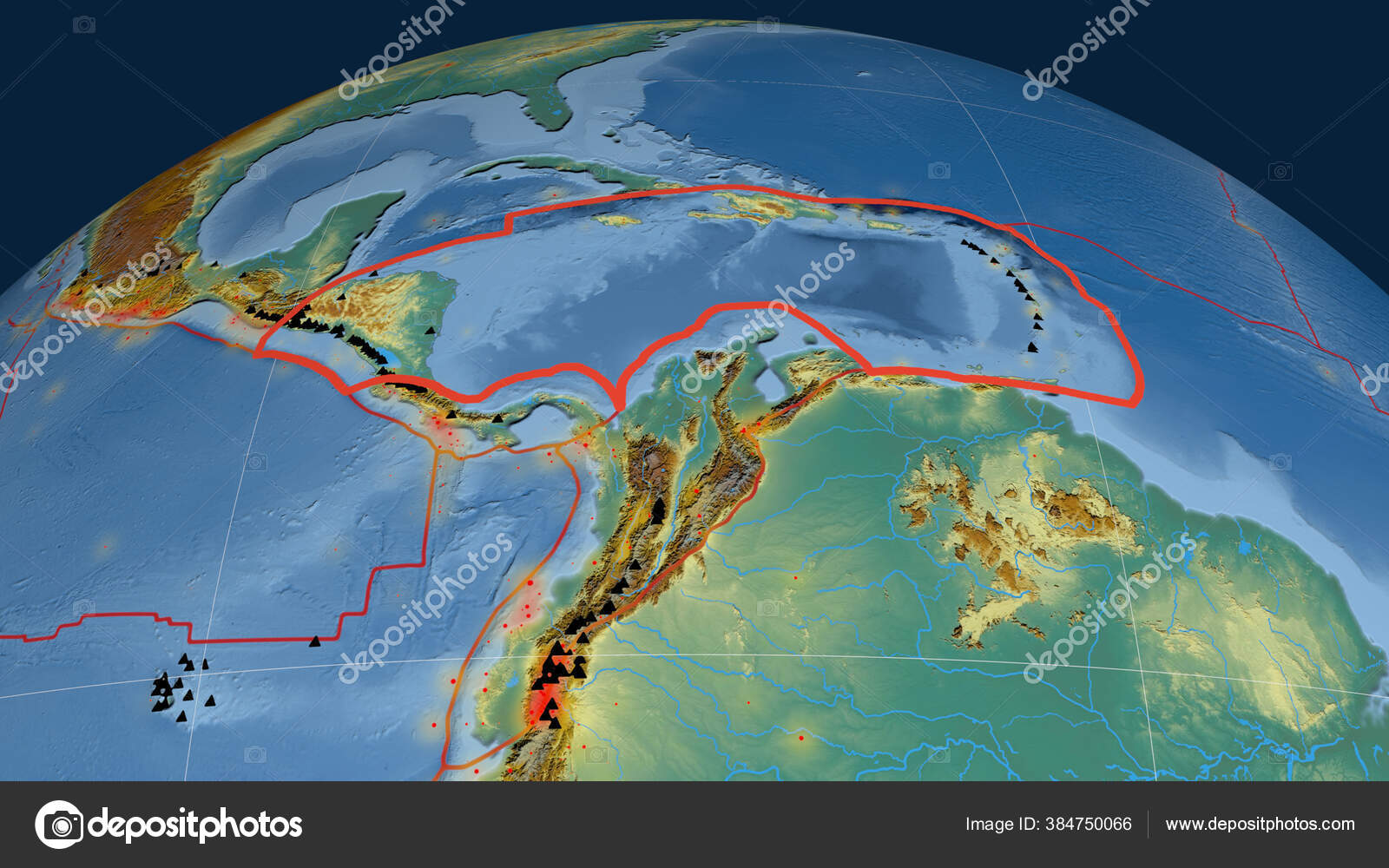 Caribbean Tectonic Plate Outlined Globe Topographic Relief Map ...