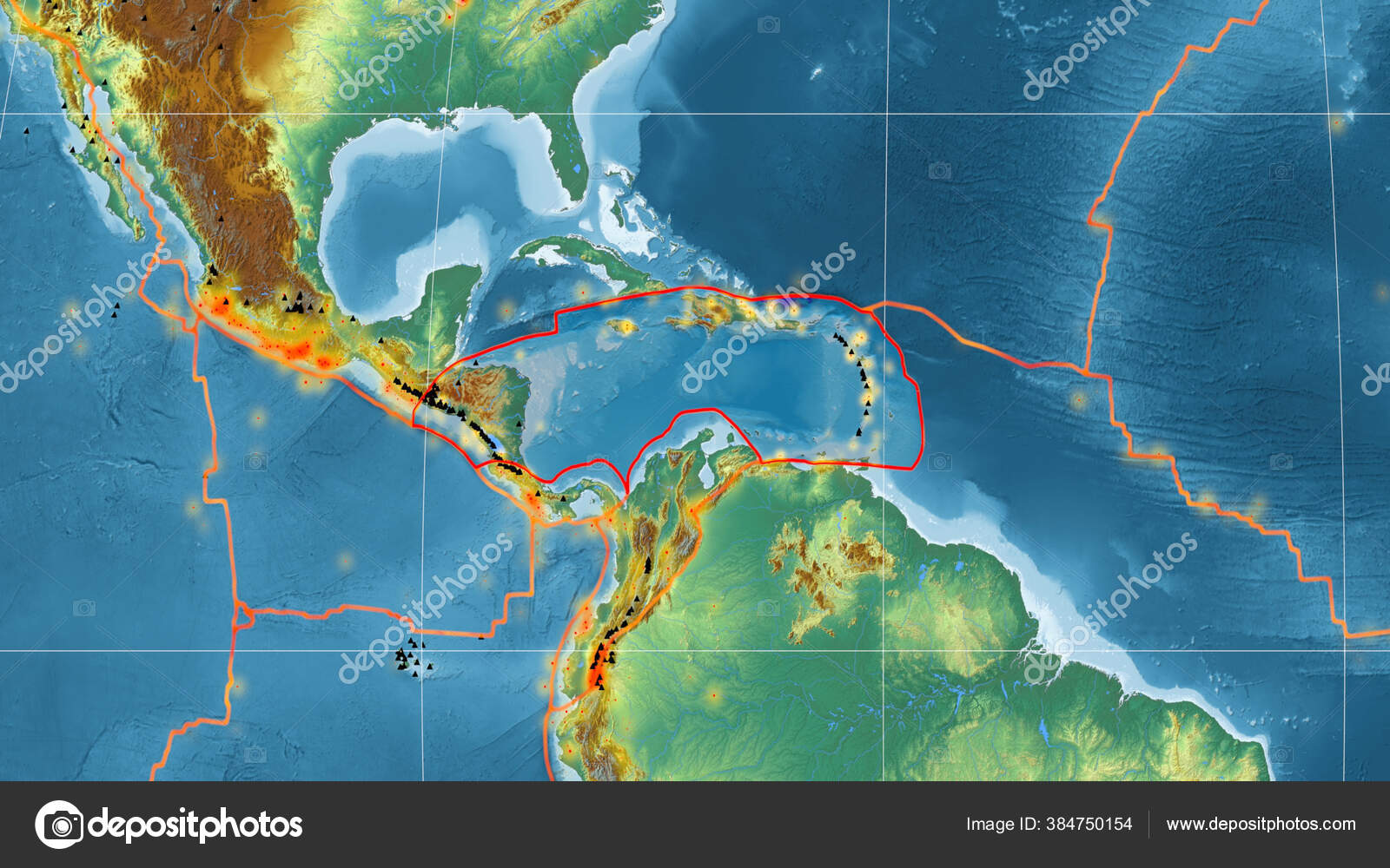 Caribbean Tectonic Plate Outlined Global Topographic Relief Map ...