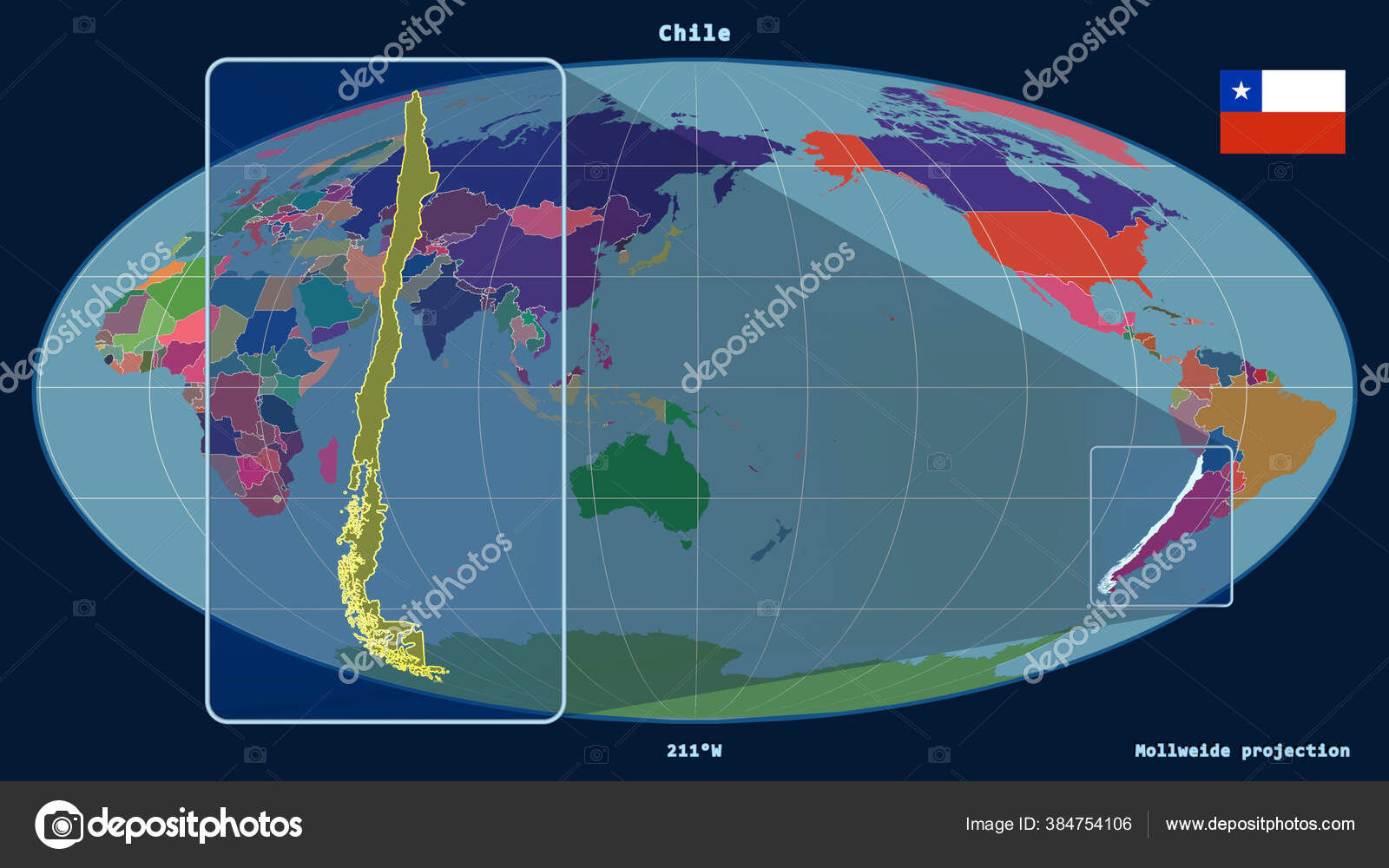 Zoomed View Chile Outline Perspective Lines Global Map Mollweide ...