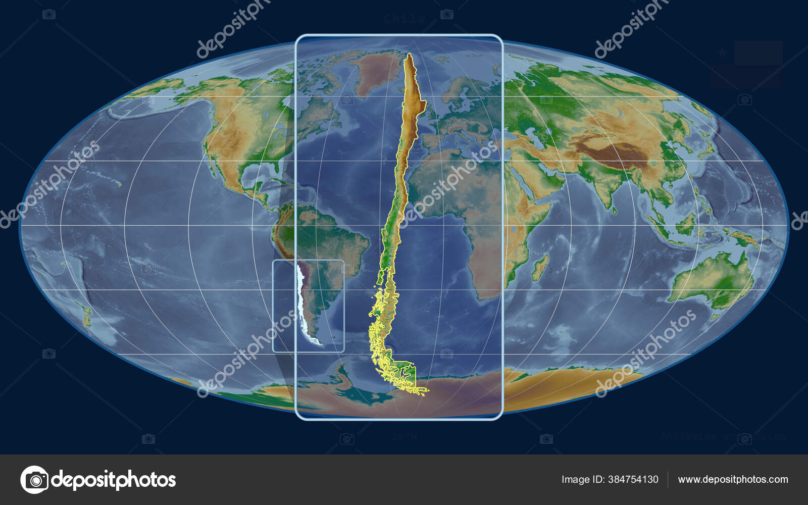 Zoomed View Chile Outline Perspective Lines Global Map Mollweide ...