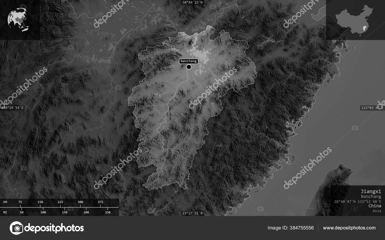 Jiangxi Province China Grayscaled Map Lakes Rivers Shape Presented Its ...