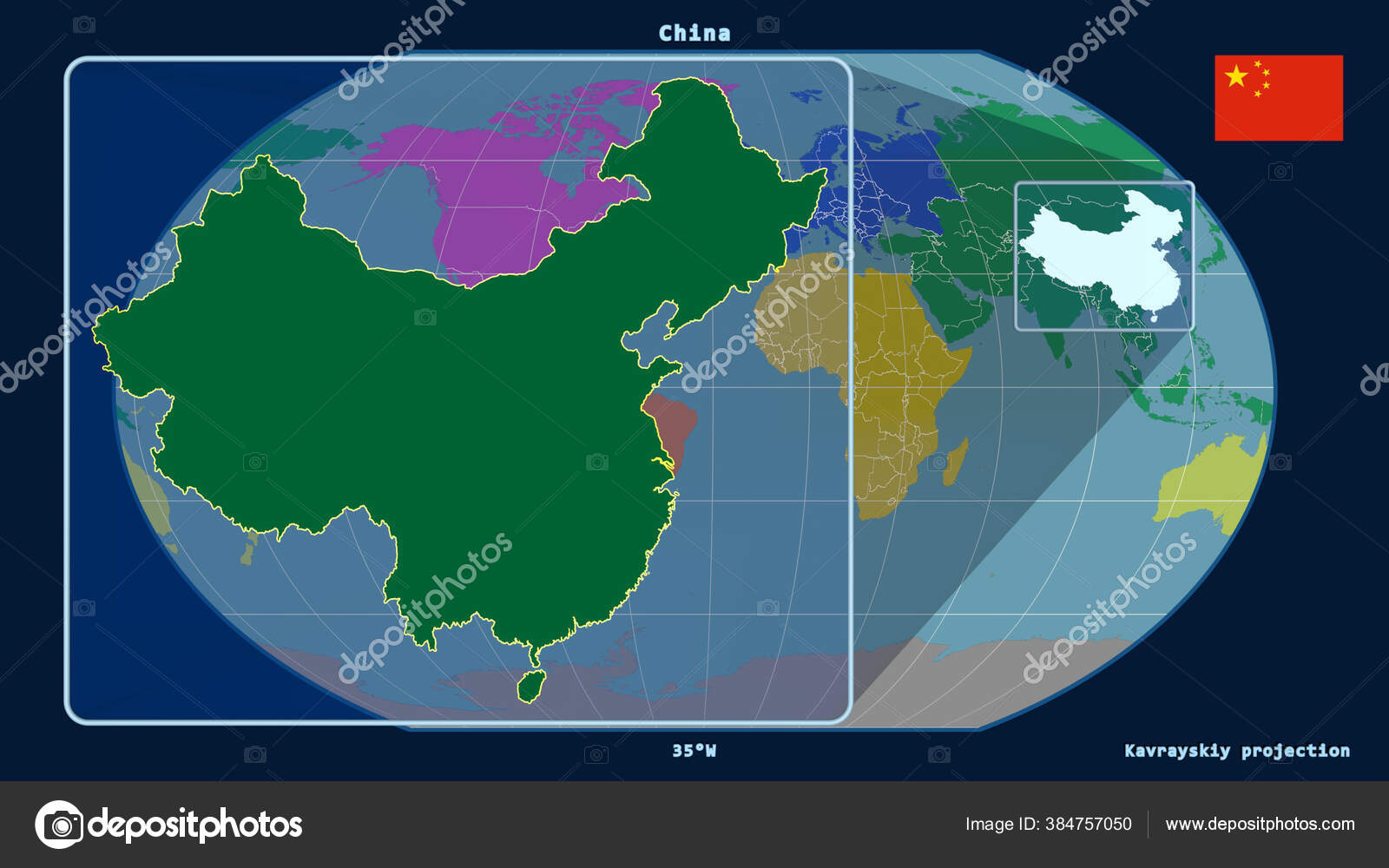 Zoomed View China Outline Perspective Lines Global Map Kavrayskiy ...