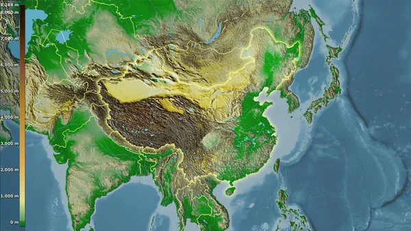 Physical map within the China area in the stereographic projection with ...