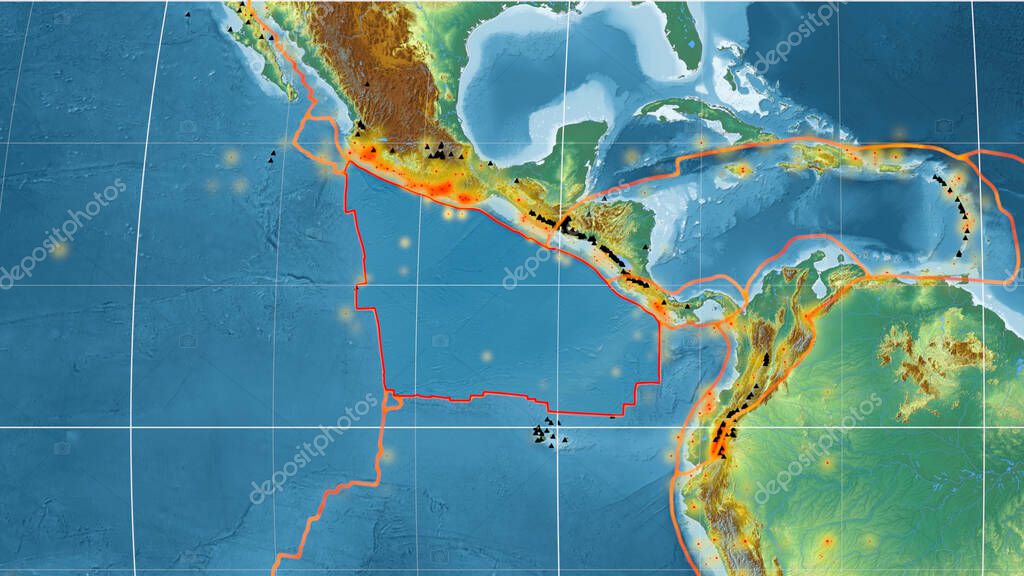Placa tectónica de Cocos delineada en el mapa topográfico global en ...