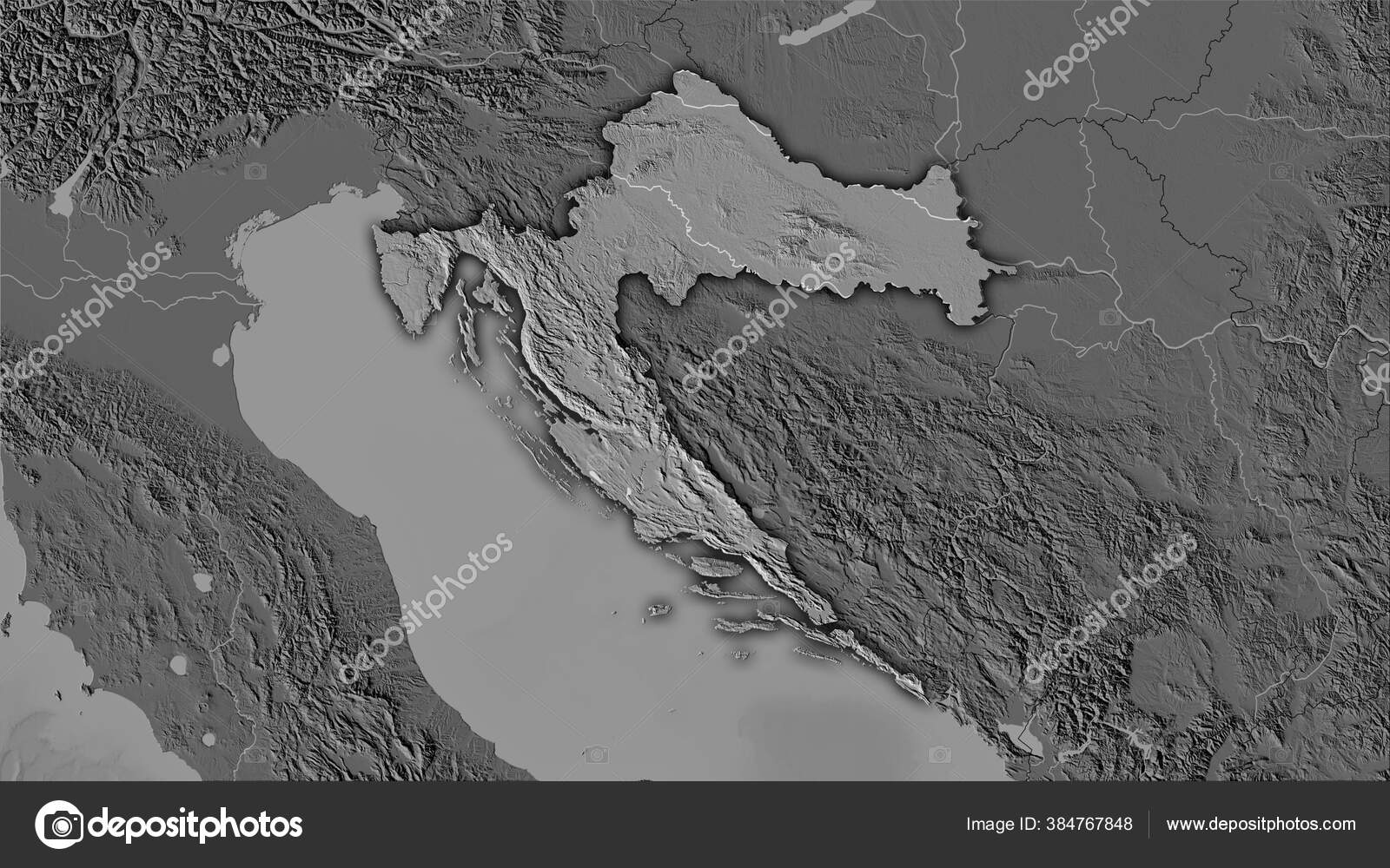 Croatia Area Bilevel Elevation Map Stereographic Projection Raw ...