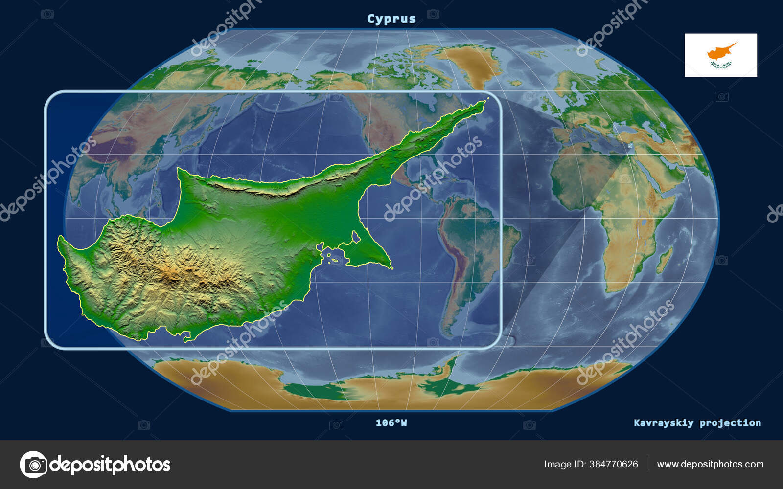 Zoomed View Cyprus Outline Perspective Lines Global Map Kavrayskiy ...