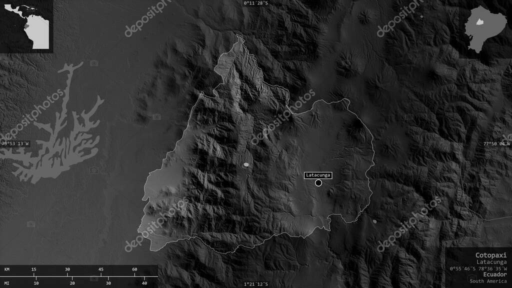 Cotopaxi, provincia de Ecuador. Mapa a escala de grises con lagos y ...