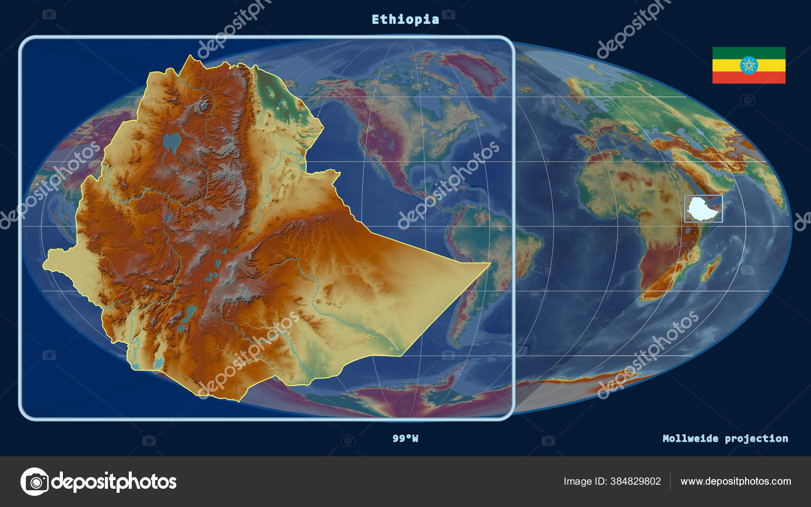 Zoomed View Ethiopia Outline Perspective Lines Global Map Mollweide ...