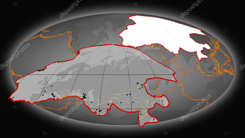 Placa tectónica eurasiática extruida y presentada contra el mapa global ...