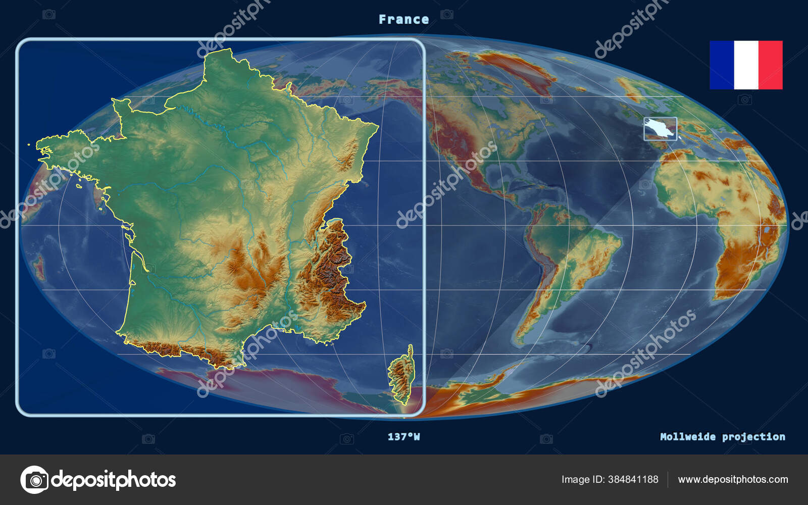 Zoomed View France Outline Perspective Lines Global Map Mollweide ...