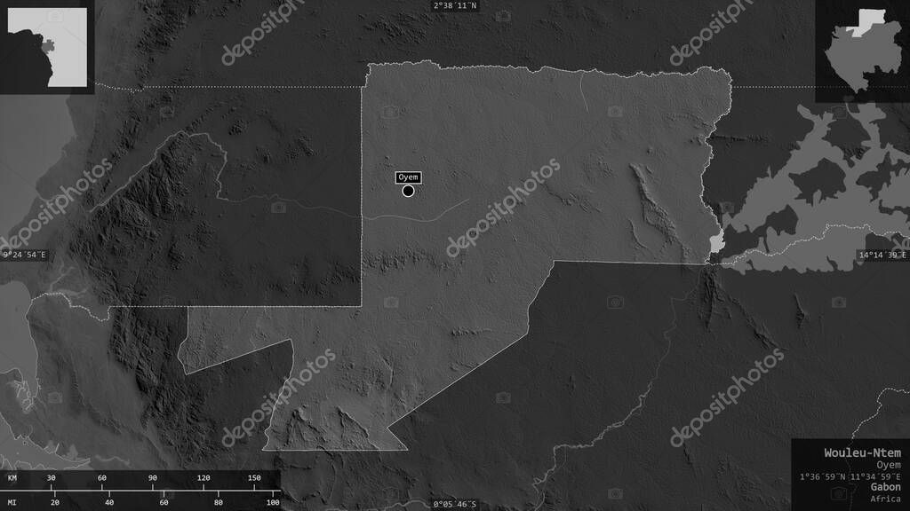 Wouleu-Ntem, provincia de Gabón. Mapa a escala de grises con lagos y ...