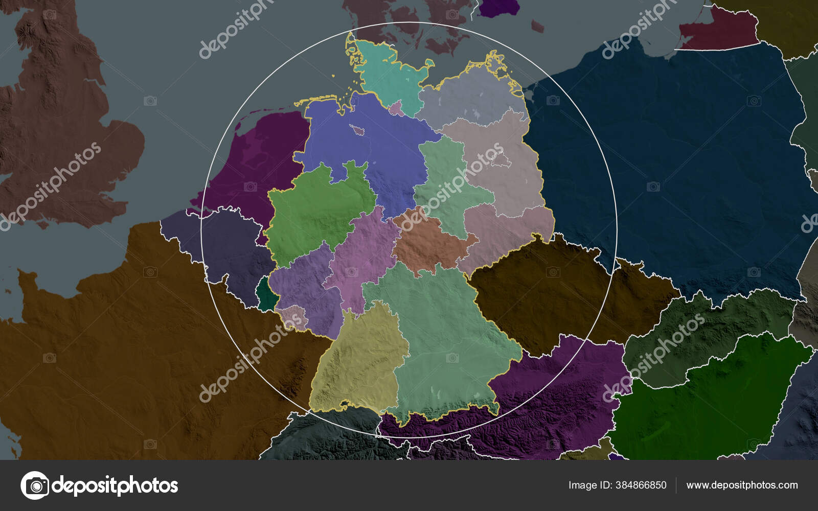 Germany Zoomed Circled Colored Bumped Map Administrative Division ...