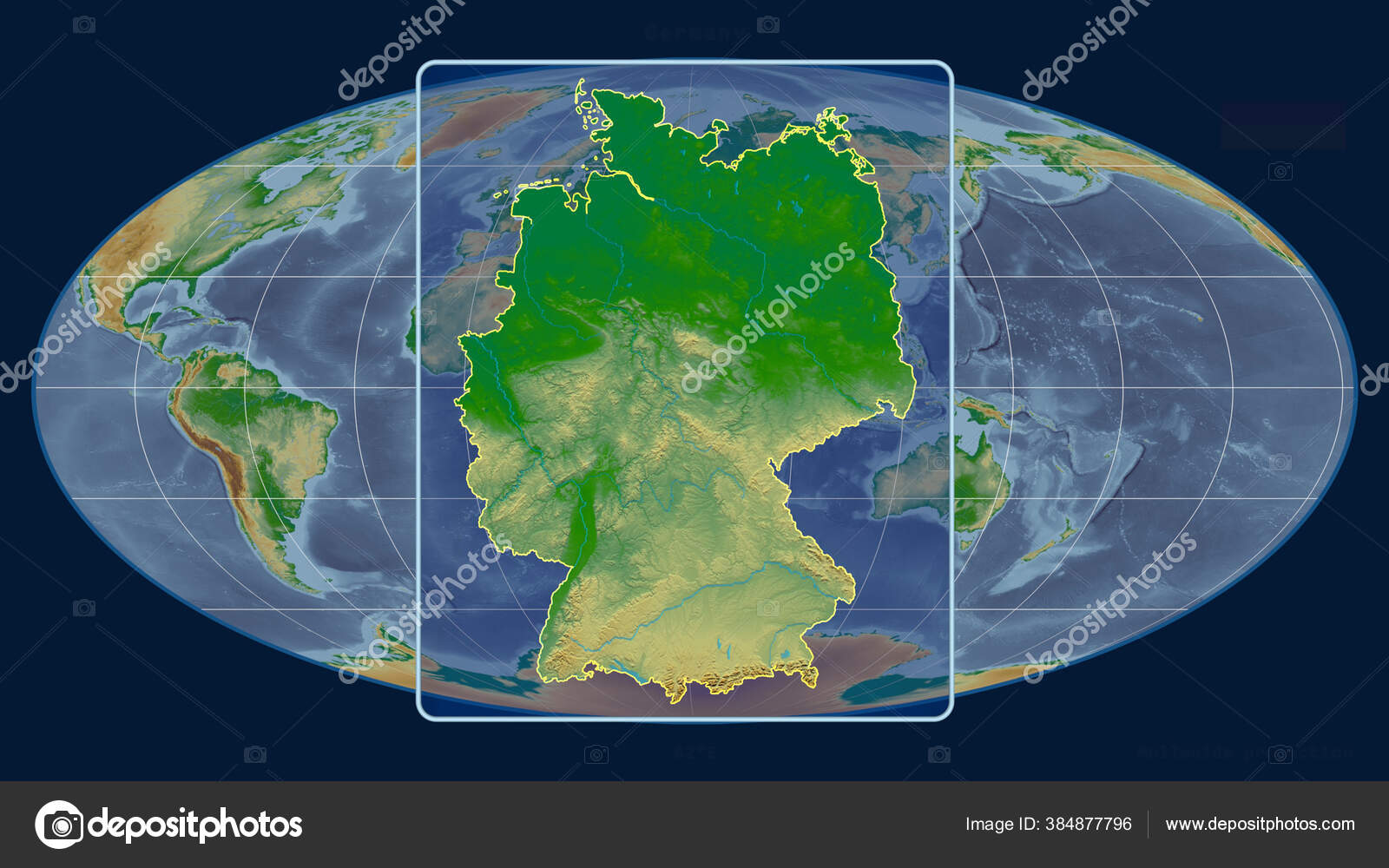 Zoomed View Germany Outline Perspective Lines Global Map Mollweide ...