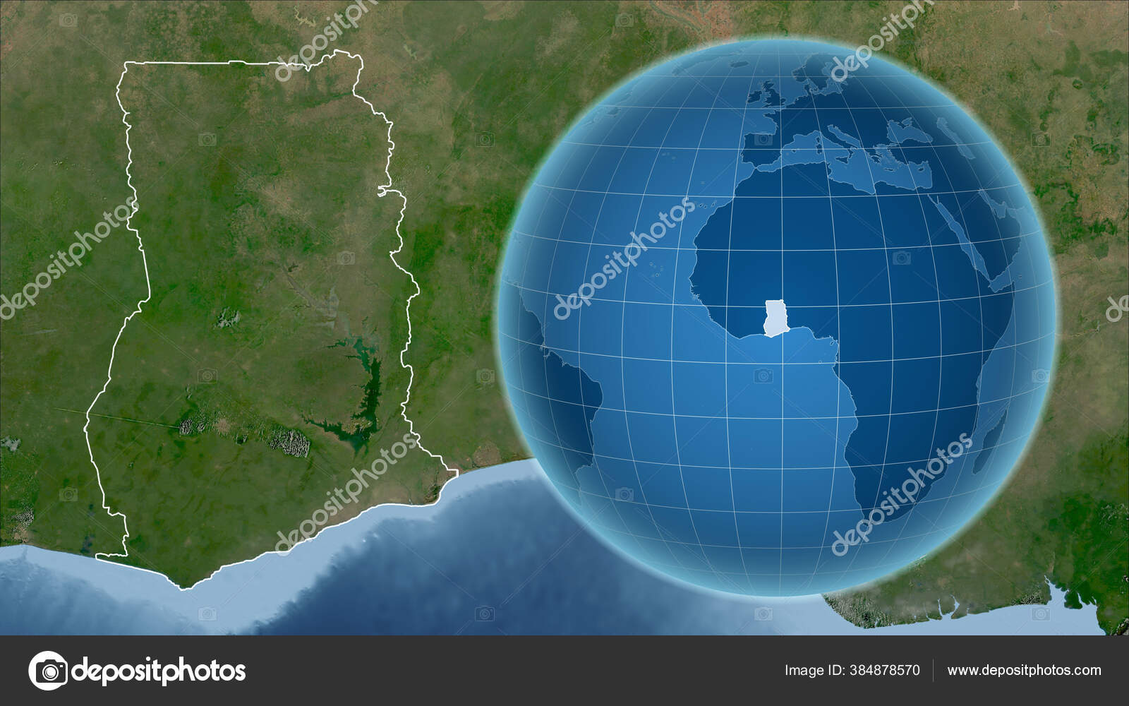 Ghana Globe Shape Country Zoomed Map Its Outline Satellite Imagery ...