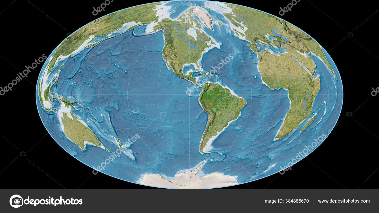 World Map Gott Equal Area Projection Centered West Longitude Satellite ...