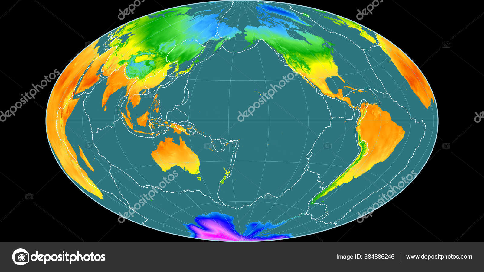 World Map Gott Equal Area Projection Centered 170 West Longitude Stock ...