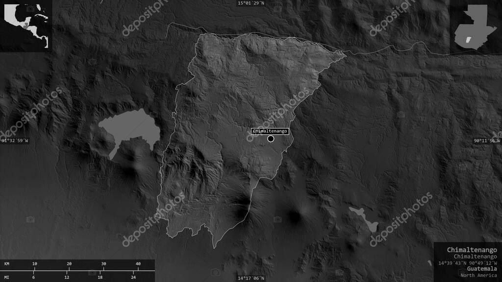 Chimaltenango, departamento de Guatemala. Mapa a escala de grises con lagos y ríos. Forma ...