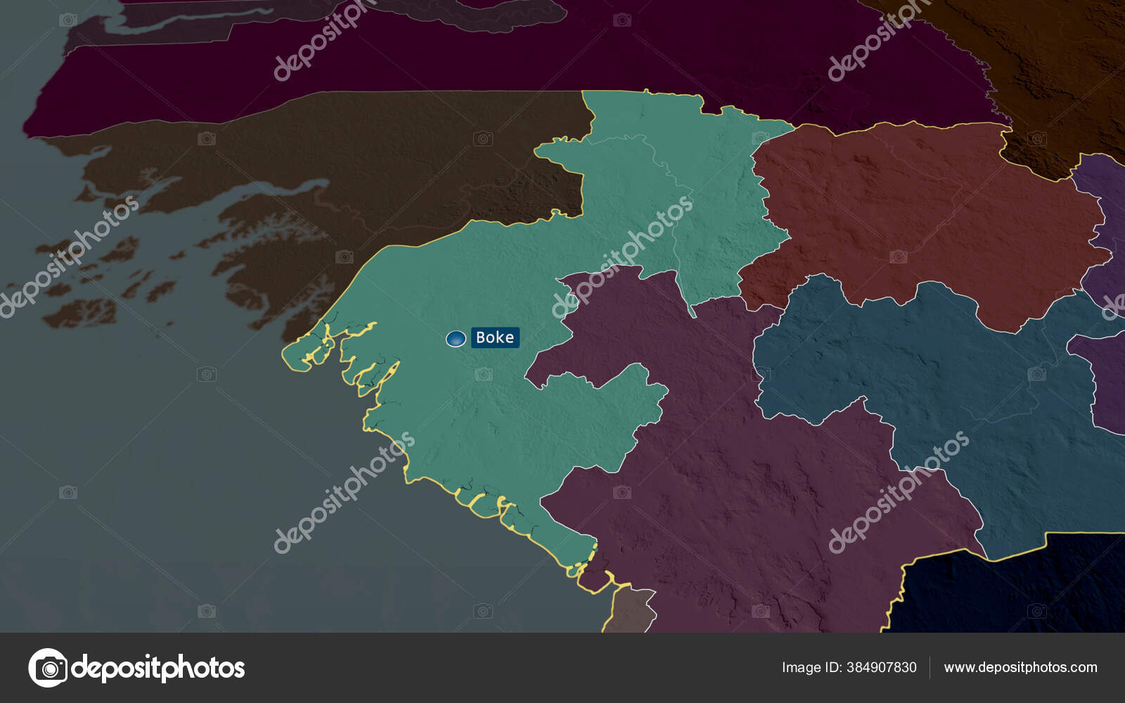 Boke Region Guinea Zoomed Highlighted Capital Colored Bumped Map ...