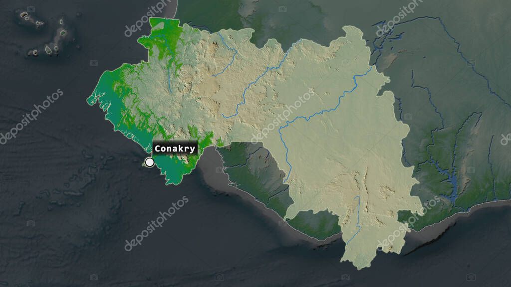 La zona destacada de Guinea con el punto capital y la etiqueta en el ...