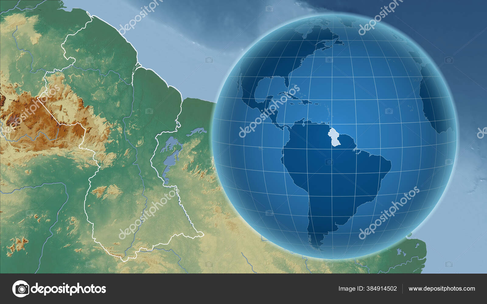 Guyana Globe Shape Country Zoomed Map Its Outline Topographic Relief ...