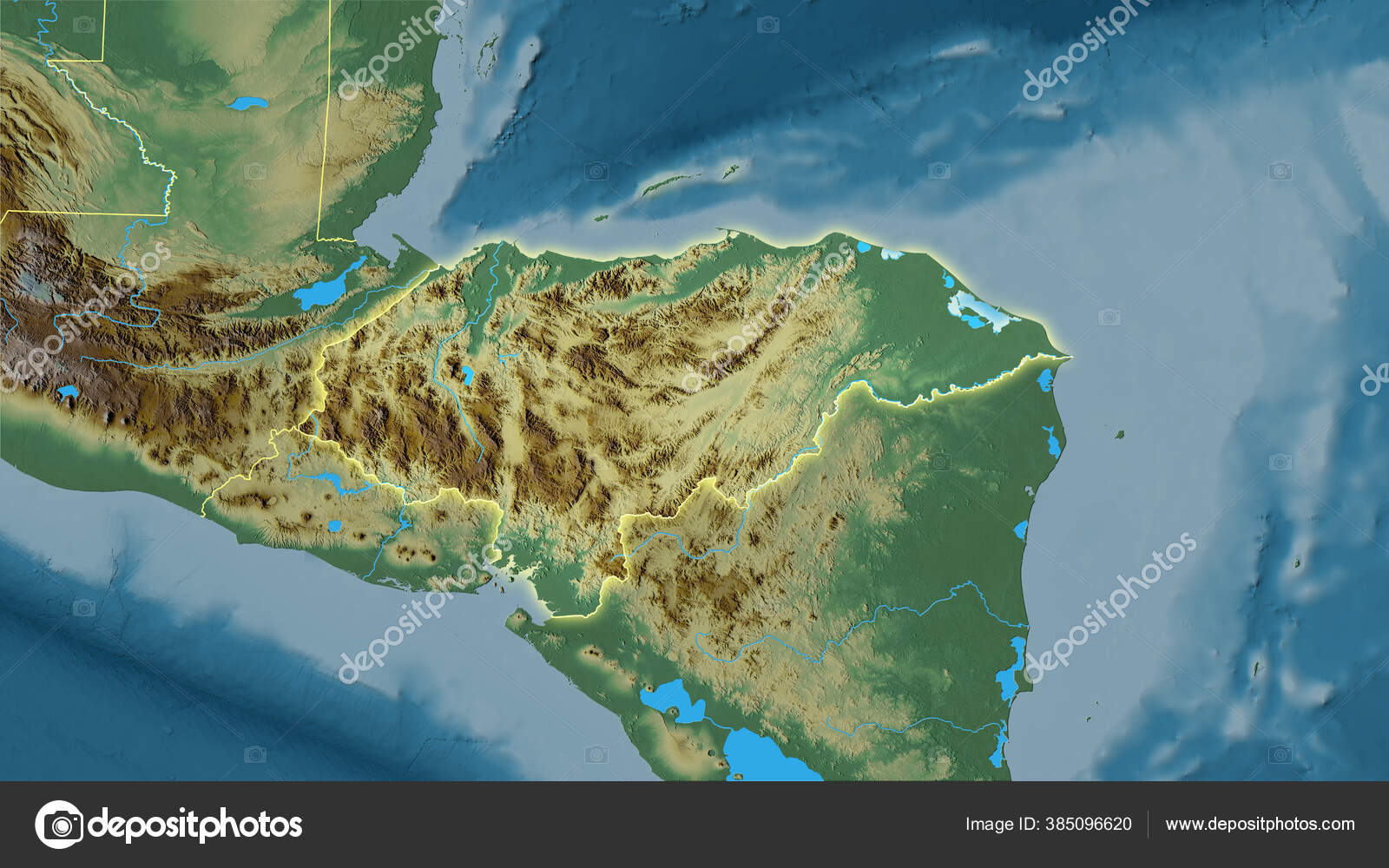 Honduras Area Topographic Relief Map Stereographic Projection Raw Composition Raster — Stock ...