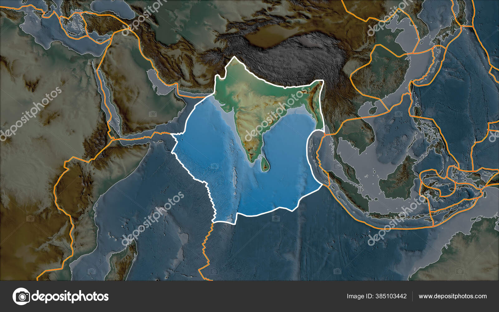 Placa Tectônica Indiana Delineada Mapa Relevo Separado Pela ...