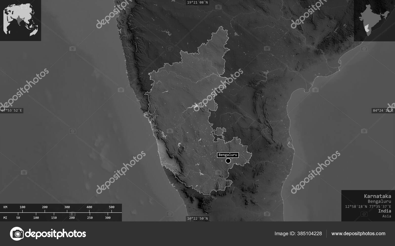 Karnataka State India Grayscaled Map Lakes Rivers Shape Presented Its ...