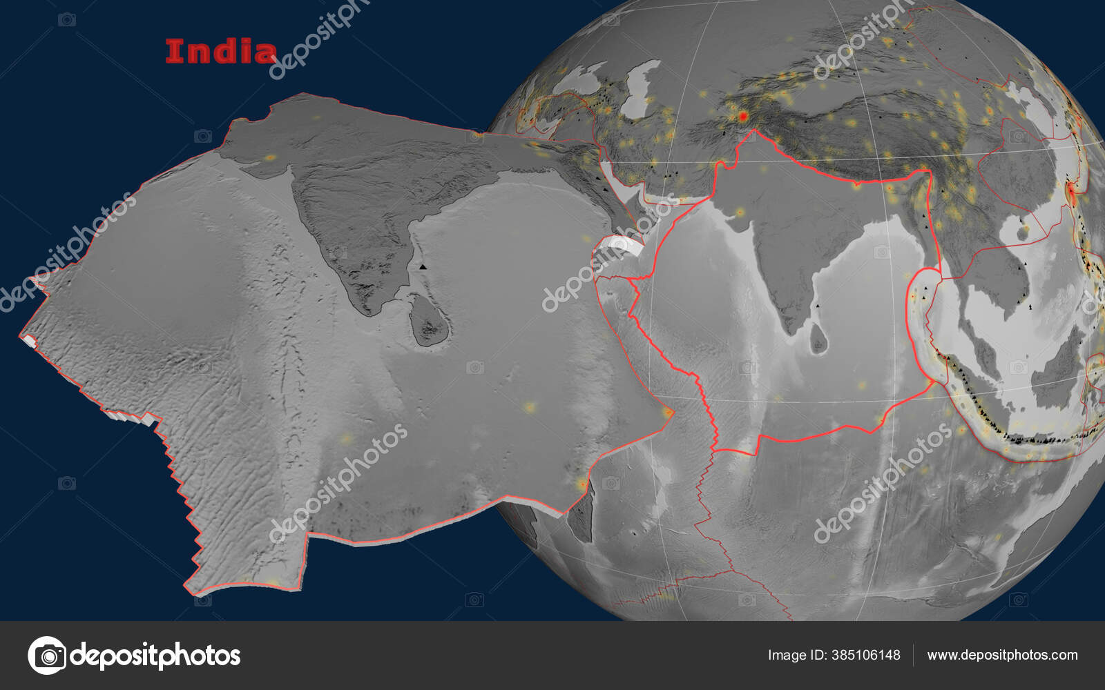 Indian Tectonic Plate Described Extruded Presented Globe Grayscale ...