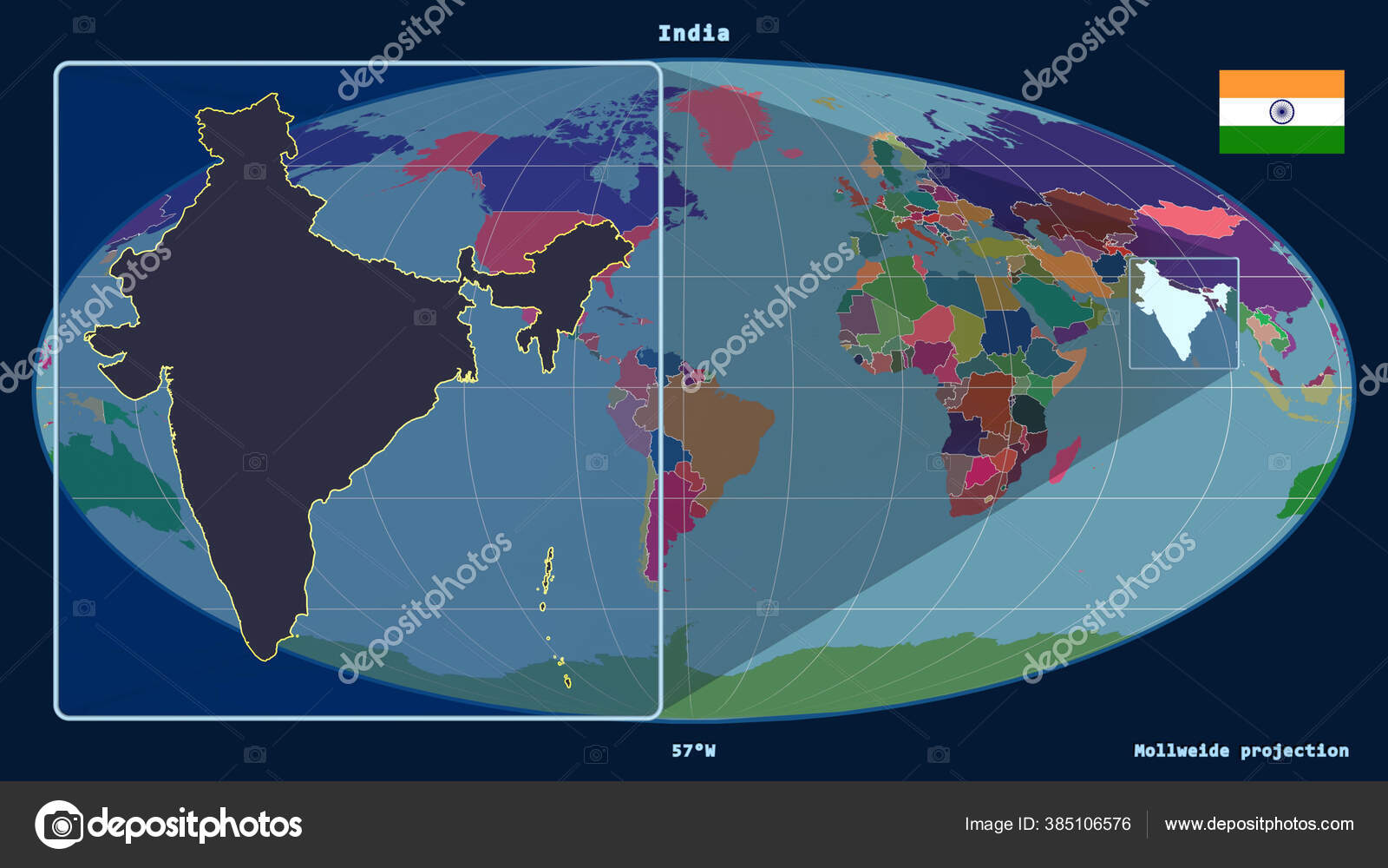 Zoomed View India Outline Perspective Lines Global Map Mollweide ...