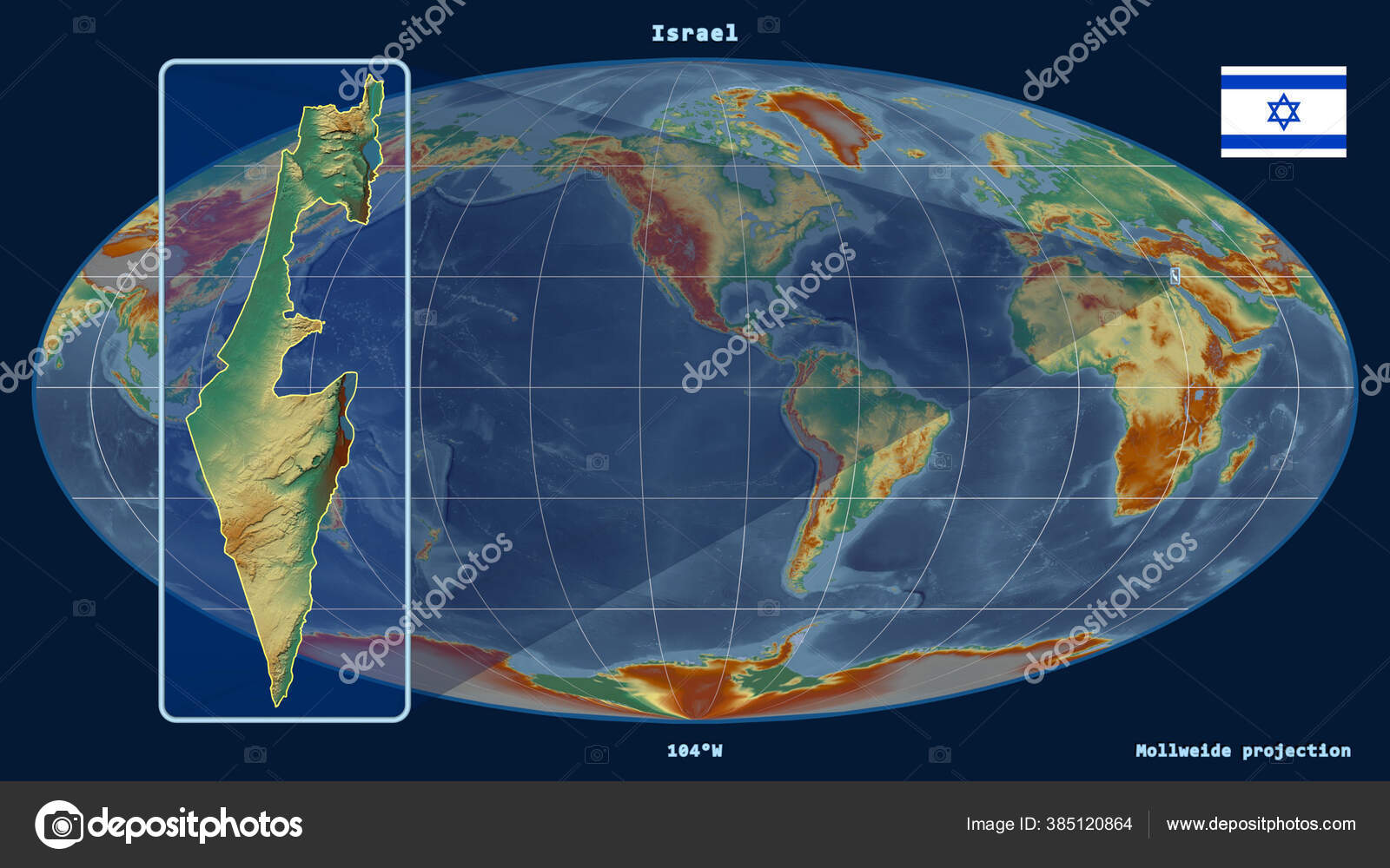 Zoomed View Israel Outline Perspective Lines Global Map Mollweide ...