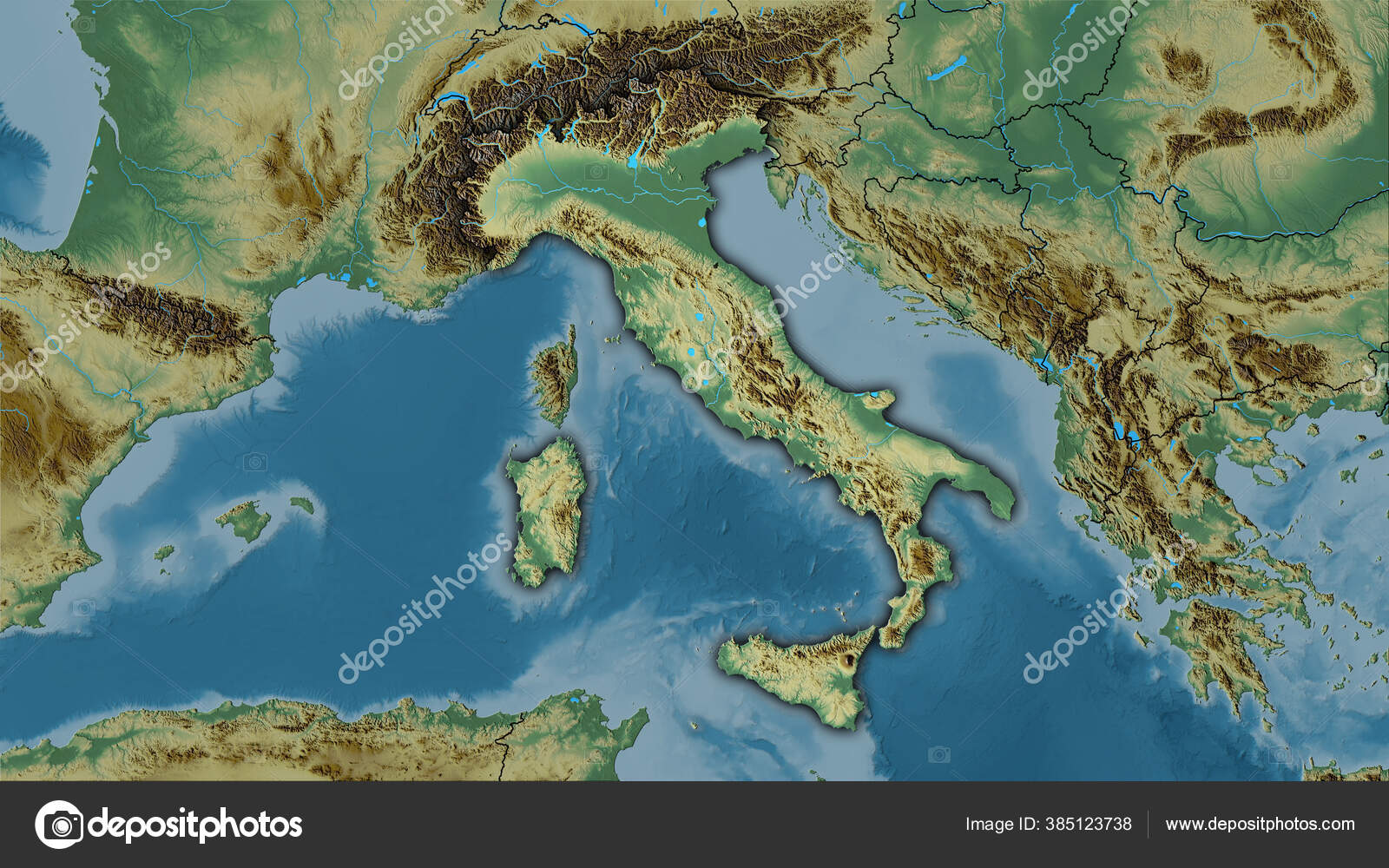 Italy Area Topographic Relief Map Stereographic Projection Raw ...