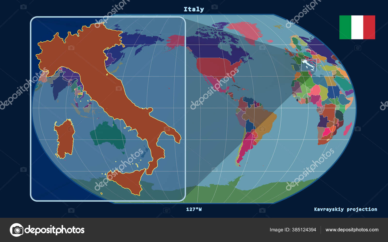 Zoomed View Italy Outline Perspective Lines Global Map Kavrayskiy ...