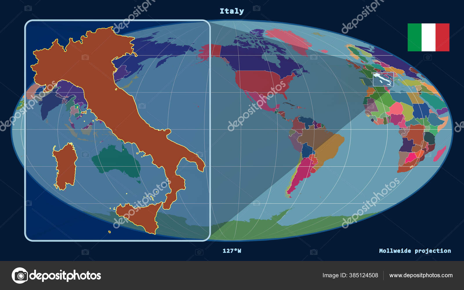 Zoomed View Italy Outline Perspective Lines Global Map Mollweide ...