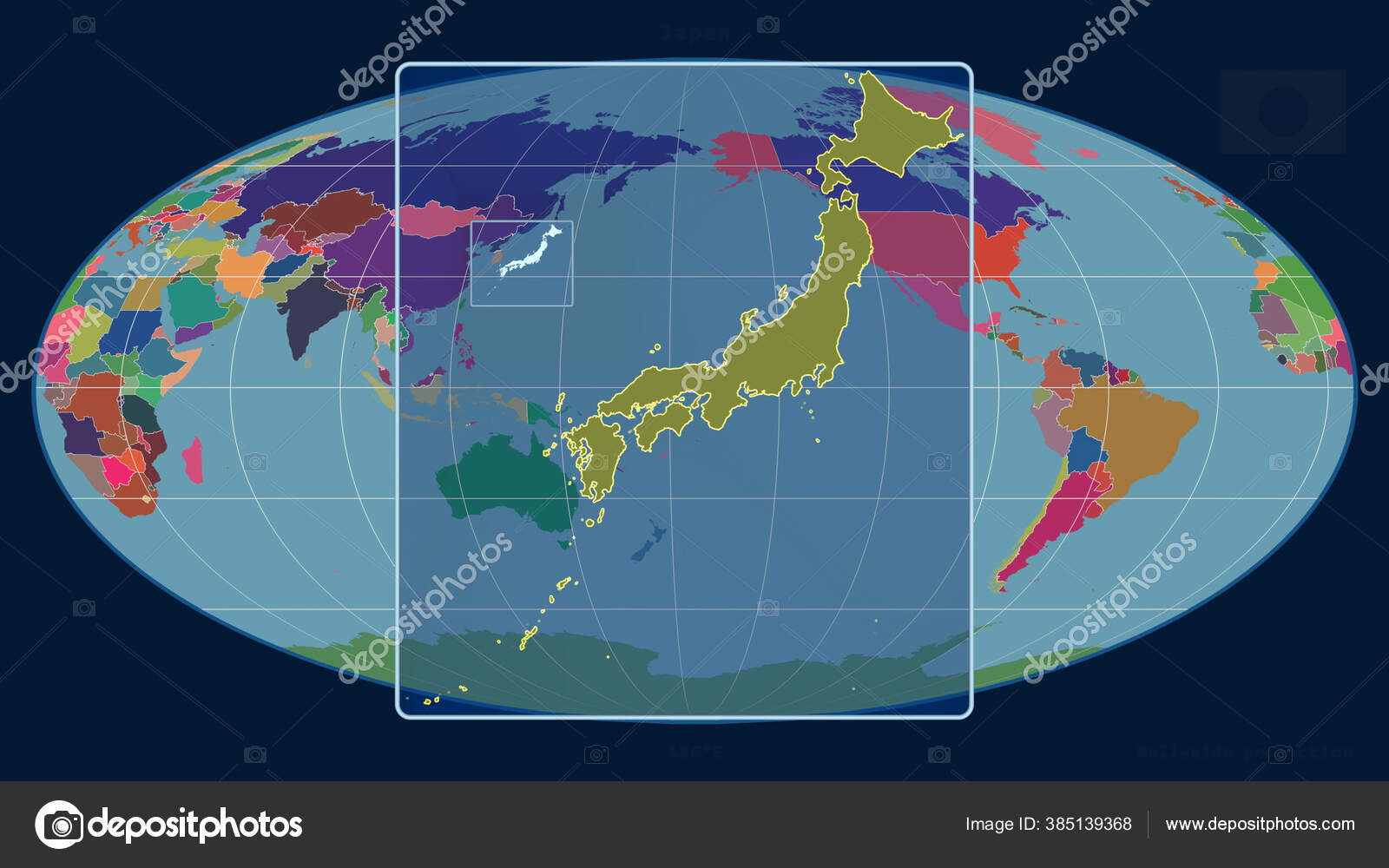 Zoomed View Japan Outline Perspective Lines Global Map Mollweide ...